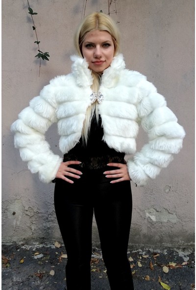 Keyifli Moda Beyaz Kürk Uzun Kollu Bolero