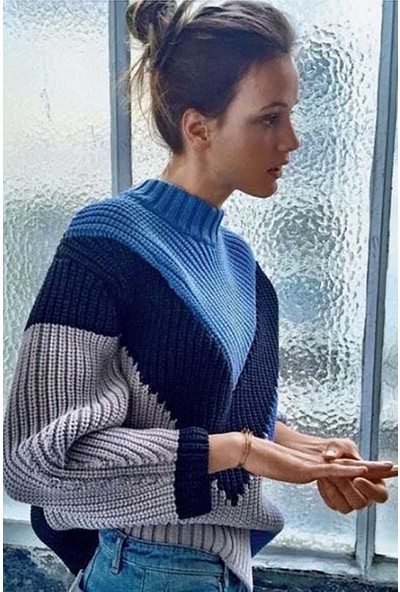 Madmext Mad Girls Mavi Oversize Renk Bloklu Kadın Kazak MG739