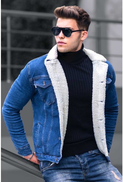 Madmext Mavi Kürklü Erkek Jean Ceket 9316 Madmext Mavi Kürklü Erkek Jean Ceket 9316