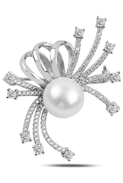 Silverlina Gümüş Inci ve Zirkon Taşlı Broş
