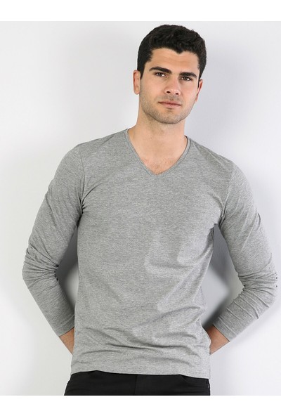 Colins Slim Fit Erkek Gri Melanj Tshirt U.Kol