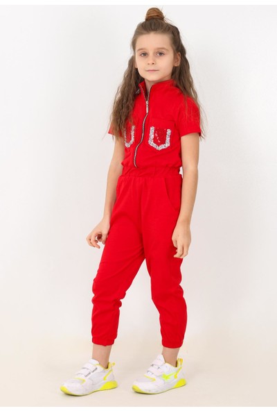 Enisena Kırmızı Kız Çocuk Gögus Cepli Tulum Elbise