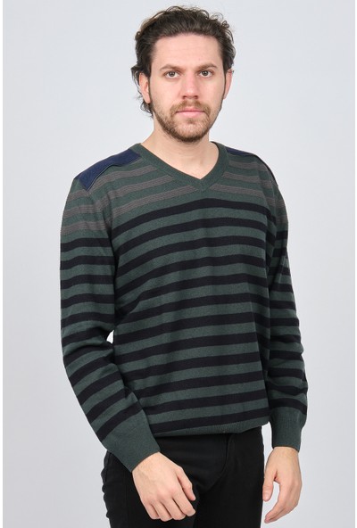 Desen Triko Erkek V Yaka Desenli Saf Yün Kazak 0246546 Yeşil
