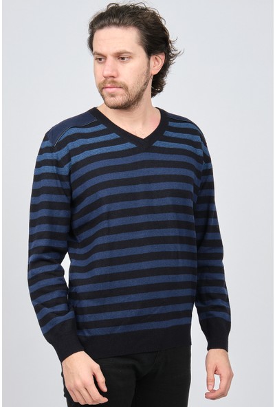 Desen Triko Erkek V Yaka Desenli Saf Yün Kazak 0246546 Lacivert