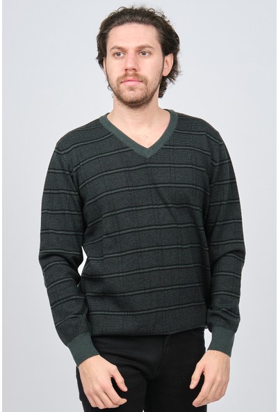 Desen Triko Erkek V Yaka Desenli Saf Yün Kazak 0246569 Yeşil