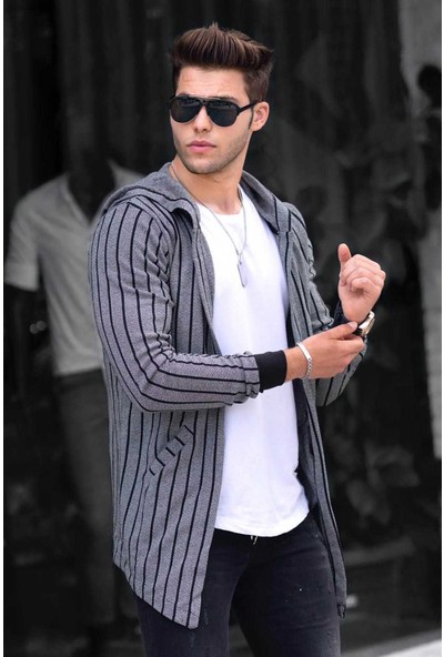 Madmext Çizgili Kapşonlu Siyah Hırka 4128