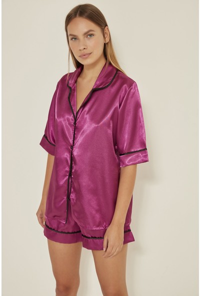 C&City 040 Kadın Saten Kısa Kol Şortlu 2 Li Pijama Takım