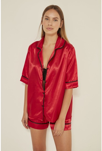 C&City 040 Kadın Saten Kısa Kol Şortlu 2 Li Pijama Takım