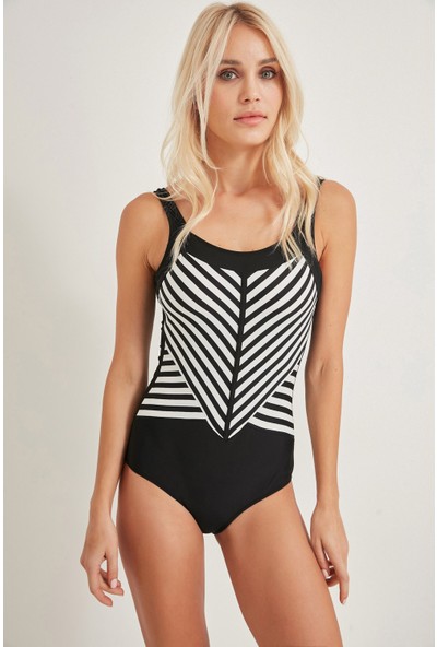 C&city Kadın Kare Yaka Mayo 7318 Siyah/beyaz