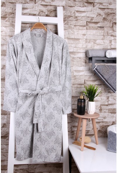 Baveno Kadın Kelebek Desenli Şalyaka Gri Sabahlık