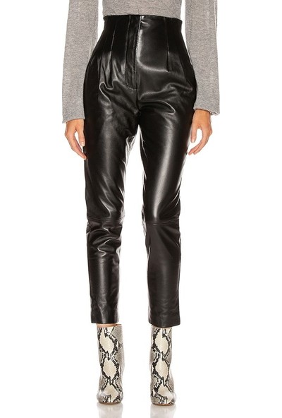 By Umut Design Ince Pileli Önden Fermuarlı Deri Pantolon