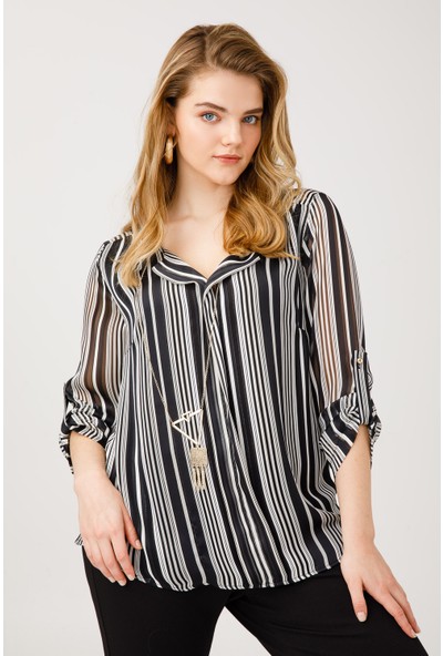 Ekol Kolyeli Desenli Şifon Bluz