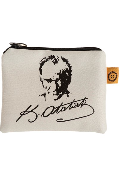 Çetin Beyaz Kemal Atatürk Portre Imza Tasarım Süet Bozuk Para Cüzdanı