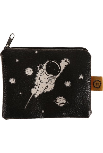 Çetin Siyah Astronot Tasarımlı Süet Bozuk Para Cüzdanı