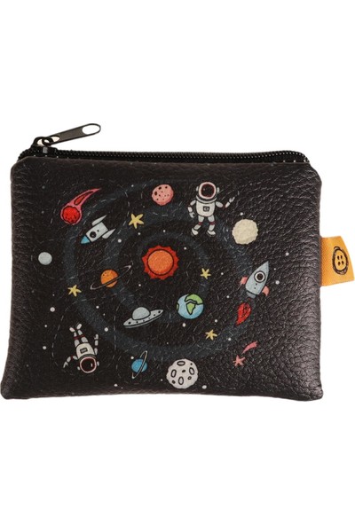 Çetin Astronot Çoklu Gezegenler Tasarımlı Süet Bozuk Para Cüzdanı