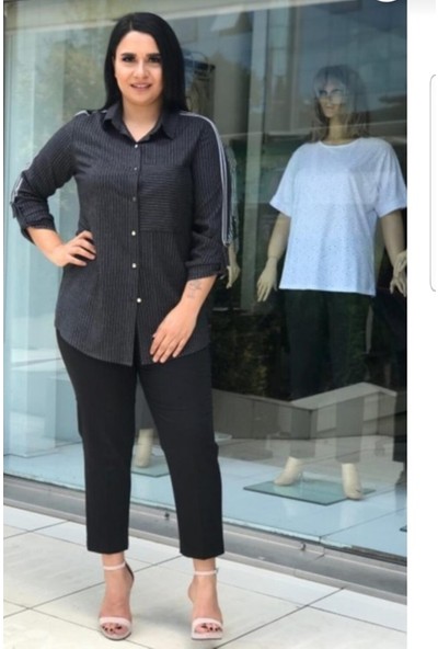 Elsin Butik Kadın Büyük Beden Gri Kol Detaylı Gömlek LM5031