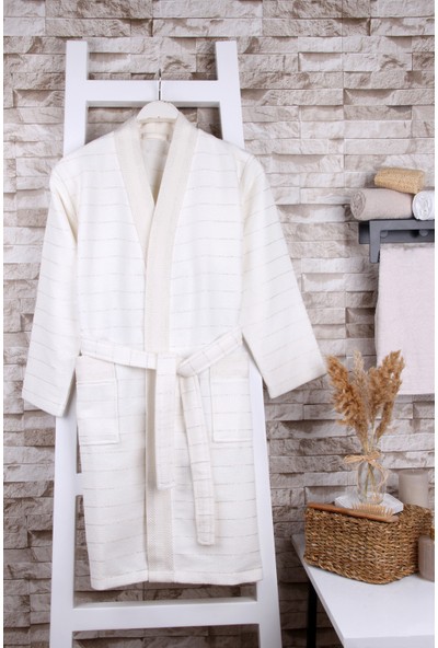 Baveno %100 Pamuk Krem Sim Detaylı Kimono Sabahlık
