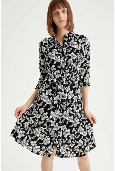 DeFacto Çiçek Desenli Yarım Kollu Kuşaklı Gömlek Yaka Midi Elbise T5610AZ21SP