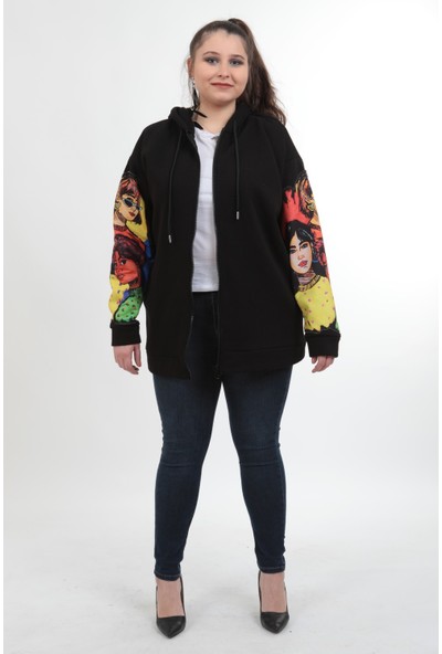 Queensize Kollar Dijital Baskılı Siyah Sweatshirt Queensize Kollar Dijital Baskılı Siyah Sweatshirt