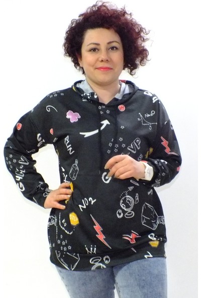 Işıltı fashion Kapüşonlu Baskı Detaylı Büyük Beden Sweat