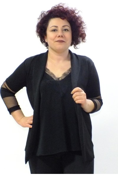 Işıltı fashion Kolları Tül Detaylı Büyük Beden Ceket