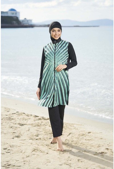 Estiva Kadın Kolu Likralı Desenli Önü Paraşüt Tam Kapalı Tesettür Mayo - Siyah
