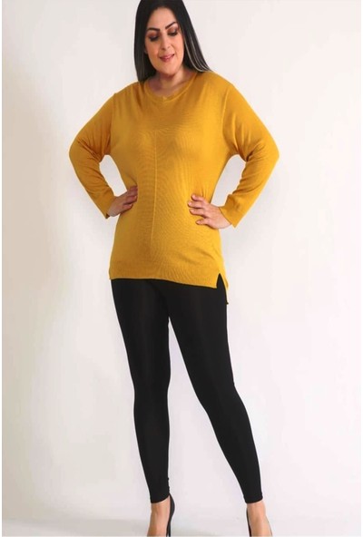 Elsin Butik Kadın Büyük Beden Yuvarlak Yaka Truvakar Kol Triko Kazak PUD5702