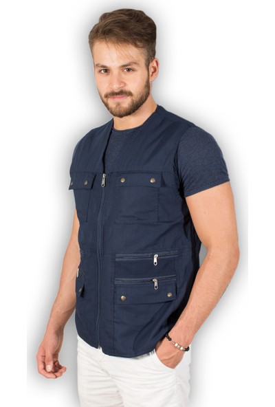 Derin Mavi Çok Cepli Pamuk Keten Avcı Yelek 4 Renk Seçenekli Derin Mavi Çok Cepli Pamuk Keten Avcı Yelek 4 Renk Seçenekli