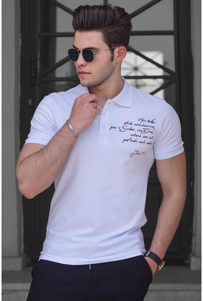 Madmext Poloyaka Nakışlı Beyaz Erkek Tişört 4634