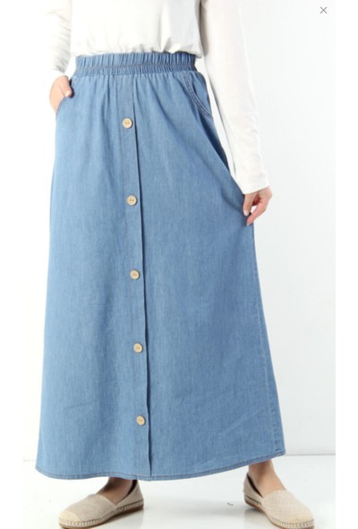 Sezici Giyim Kadın Mavi Düğme Detaylı Kot Etek