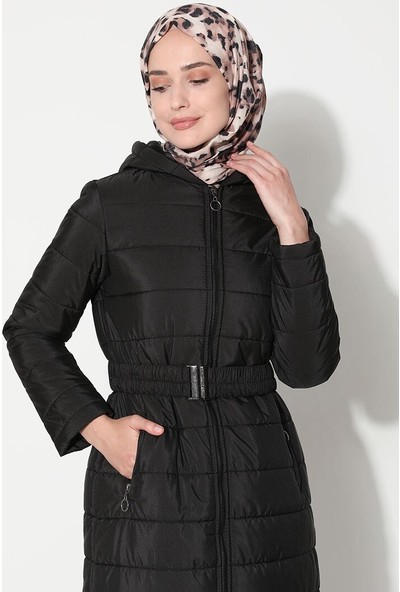 Miss Cazibe Boydan Fermuarlı Manto - Siyah - Miss Cazibe