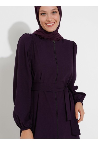 Miss Cazibe Boydan Fermuarlı Bisiklet Yaka Ferace - Mor - Miss Cazibe