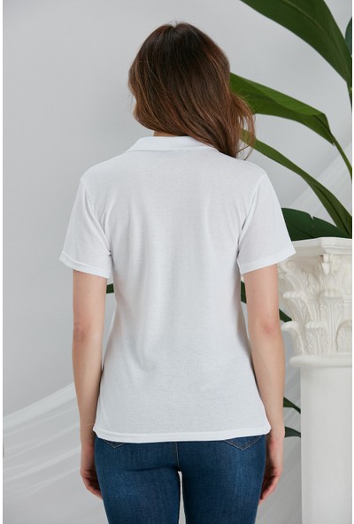 Catspy Beyaz Polo Yaka Örme Kısa Kollu Tişört Catspy Beyaz Polo Yaka Örme Kısa Kollu Tişört