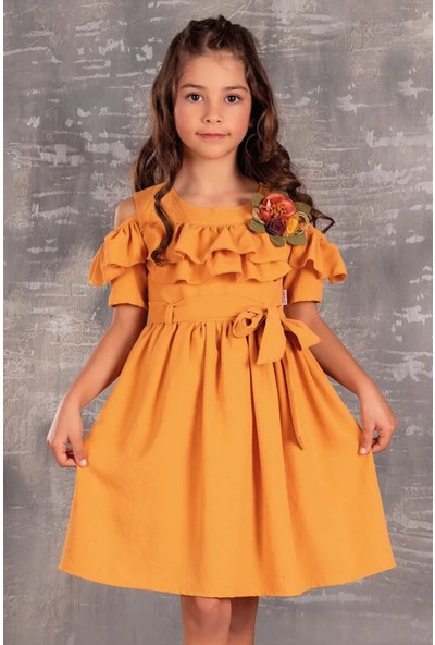 Minik Dolap Hardal Rengi Yakası Fırfırlı Kız Çocuk Elbisesi