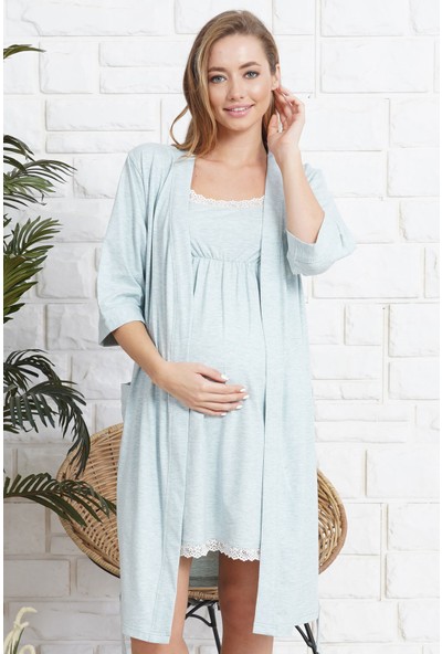 Vienetta Kadın Lycralı Suprem 3/4 Kol Normal Beden Su Yeşili Sabahlık Set