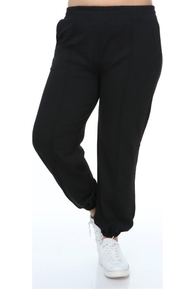 Womenice Kadın Siyah Beli Lastikli Cepli Büyük Beden Eşofman Altı