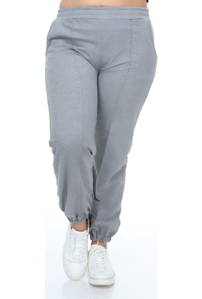 Womenice Kadın Gri Beli Lastikli Cepli Büyük Beden Eşofman Altı
