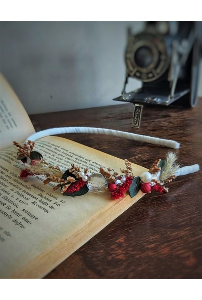Eva Flore Kırmızı Kuru Çiçek Incili Taşlı Taç - Gelin Tacı - Saç Aksesuarı - Çiçekli - Lohusa
