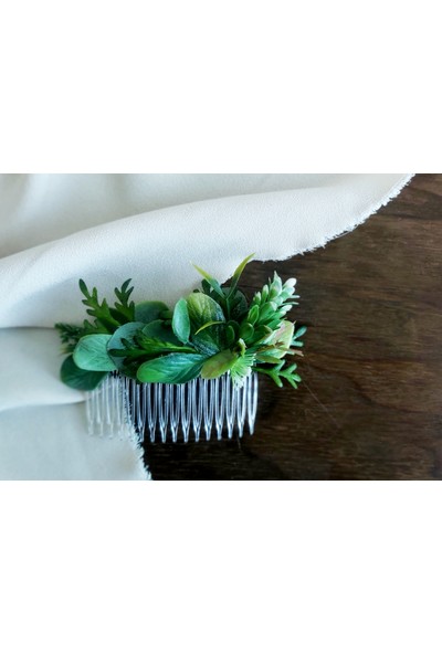 Eva Flore Yeşil Yapraklı Tarak Toka - Gelin Aksesuarı - Saç Aksesuarı - Çiçekli