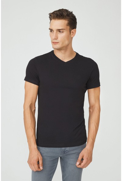 Avva Erkek Siyah V Yaka Düz T-Shirt E001001