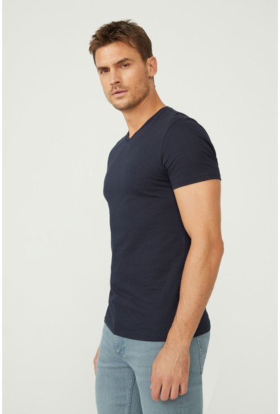 Avva Erkek Lacivert V Yaka Düz T-Shirt E001001