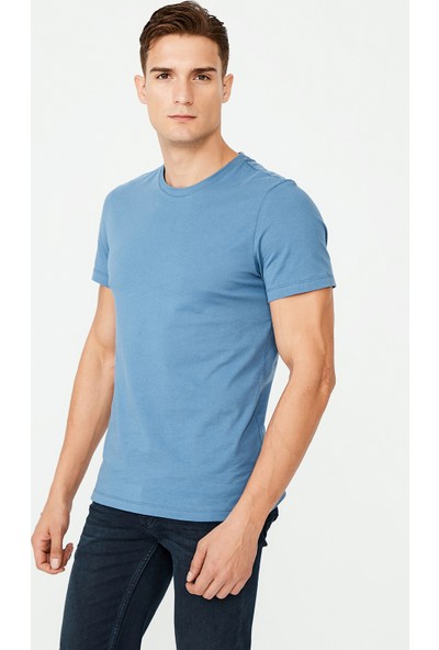 Avva Erkek Indigo Bisiklet Yaka Düz T-Shirt E001000