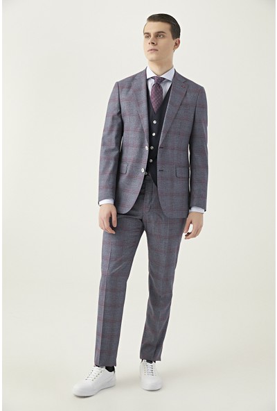 D'S Damat Ds Damat Slim Fit Lacivert Ekoseli Kombinli Takım Elbise