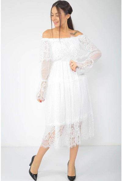 Ortaya Çık Beyaz Madonna Yaka Dantel Elbise