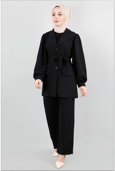 Zülays Balon Kol Ceket Pantolon Takım Siyah