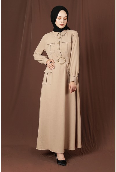 Zülays Dört Cepli Uzun Kemerli Elbise Vizon Zülays Dört Cepli Uzun Kemerli Elbise Vizon