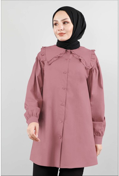 Zülays Fırfır Yaka Poplin Gömlek Gül Kurusu