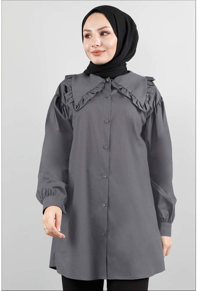 Zülays Fırfır Yaka Poplin Gömlek Koyu Gri