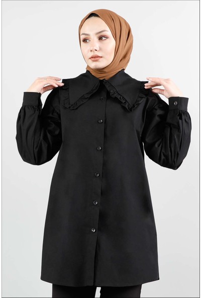 Zülays Fırfır Yaka Poplin Gömlek Siyah