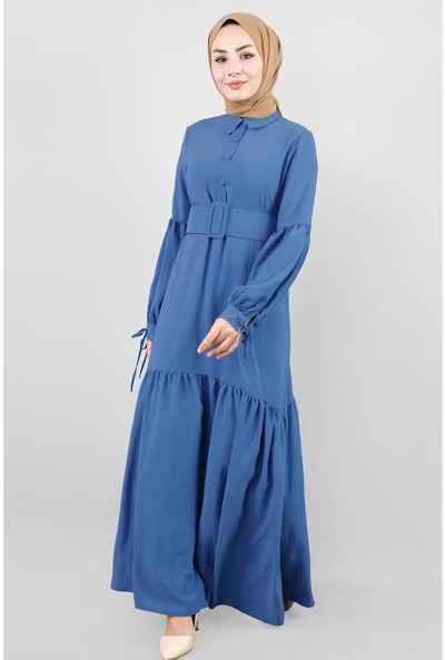 Zülays Kemerli Kol Detaylı Elbise Indigo
